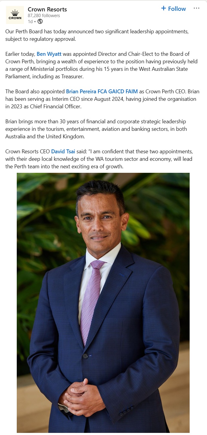 Crown Perth names Brian Pereira as CEO